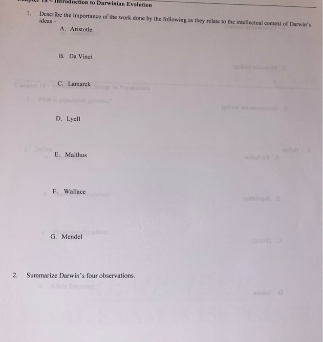 Solved ction to Darwinian Evolution Describe the importance | Chegg.com