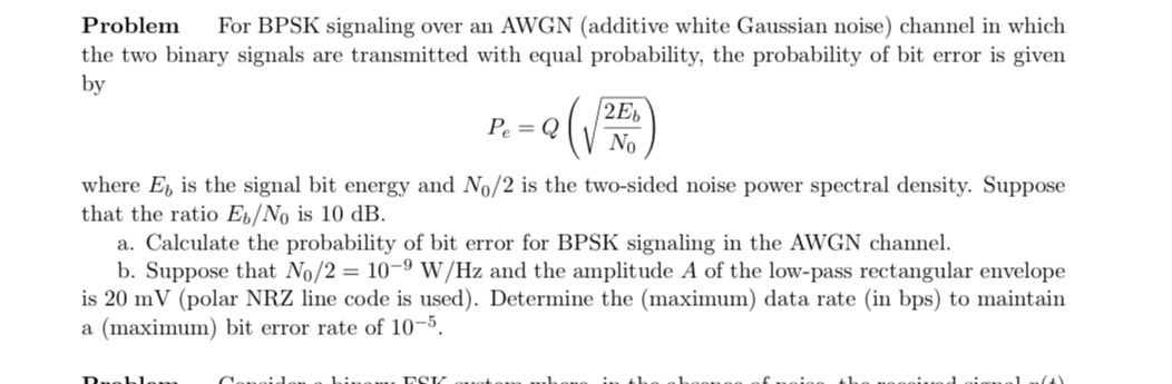 Solved by an EXPERT Problem For BPSK signaling over an AWGN (additive | Chegg.com