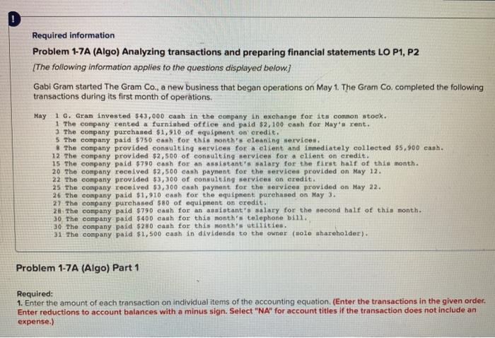 Solved D Required information Problem 1-7A (Algo) Analyzing | Chegg.com