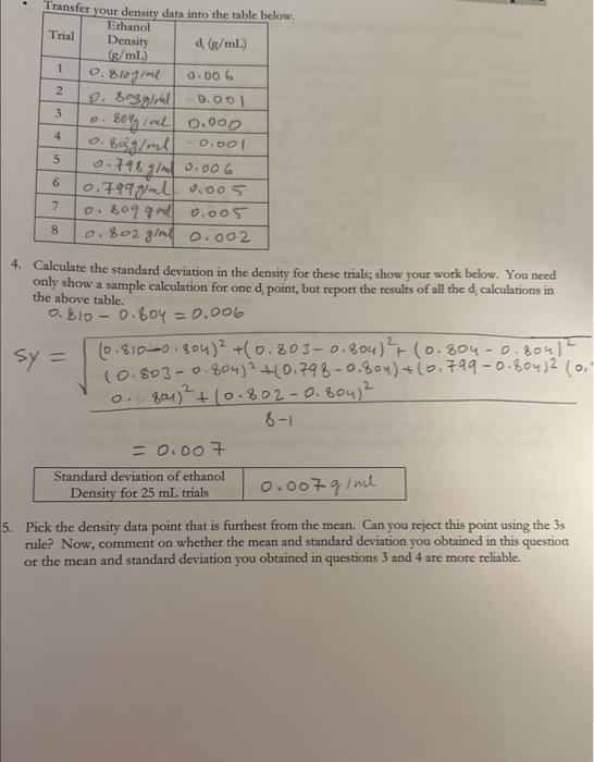 Solved 4. Calculate the standard deviation in the density | Chegg.com
