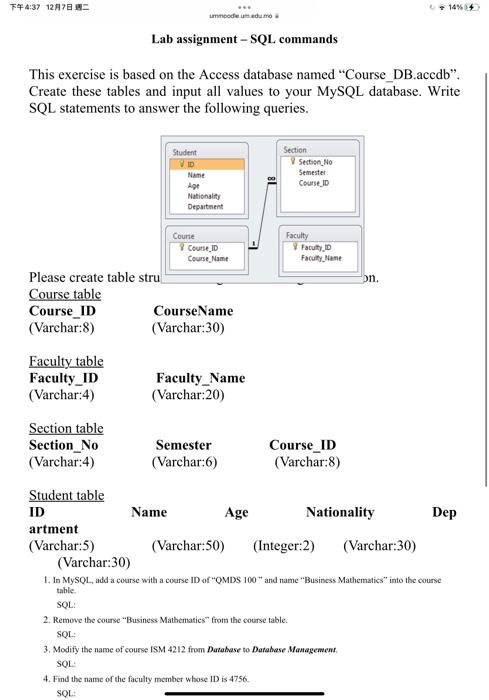Solved 74 4:37 12788 14% moodle umedum Lab assignment - SQL | Chegg.com