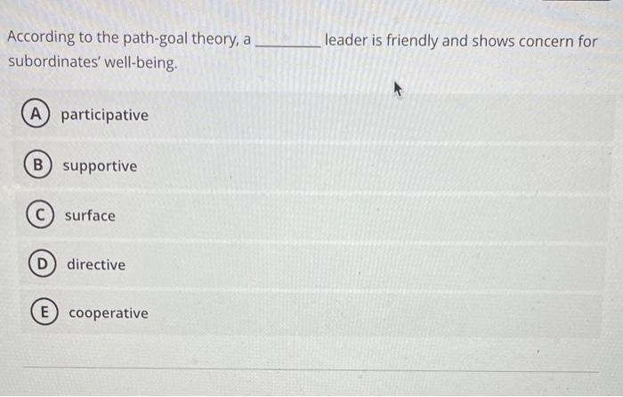 Solved According to the path-goal theory, a leader is | Chegg.com