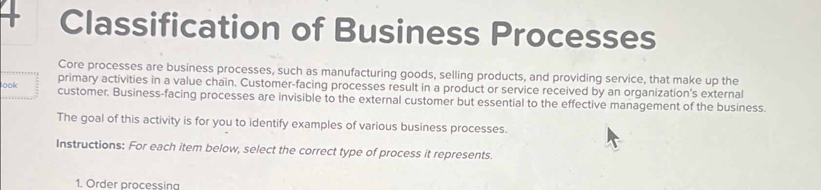 Solved Classification of Business ProcessesCore processes | Chegg.com
