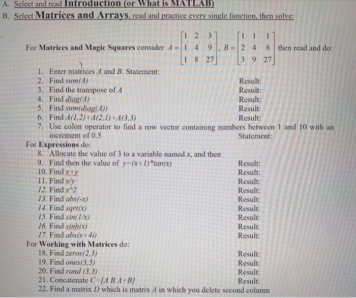 Solved A. Select and read Introduction (or What is MATLAB) | Chegg.com