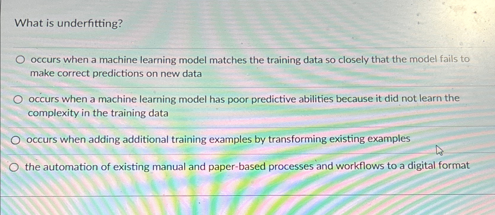 Solved What is underfitting?occurs when a machine learning | Chegg.com