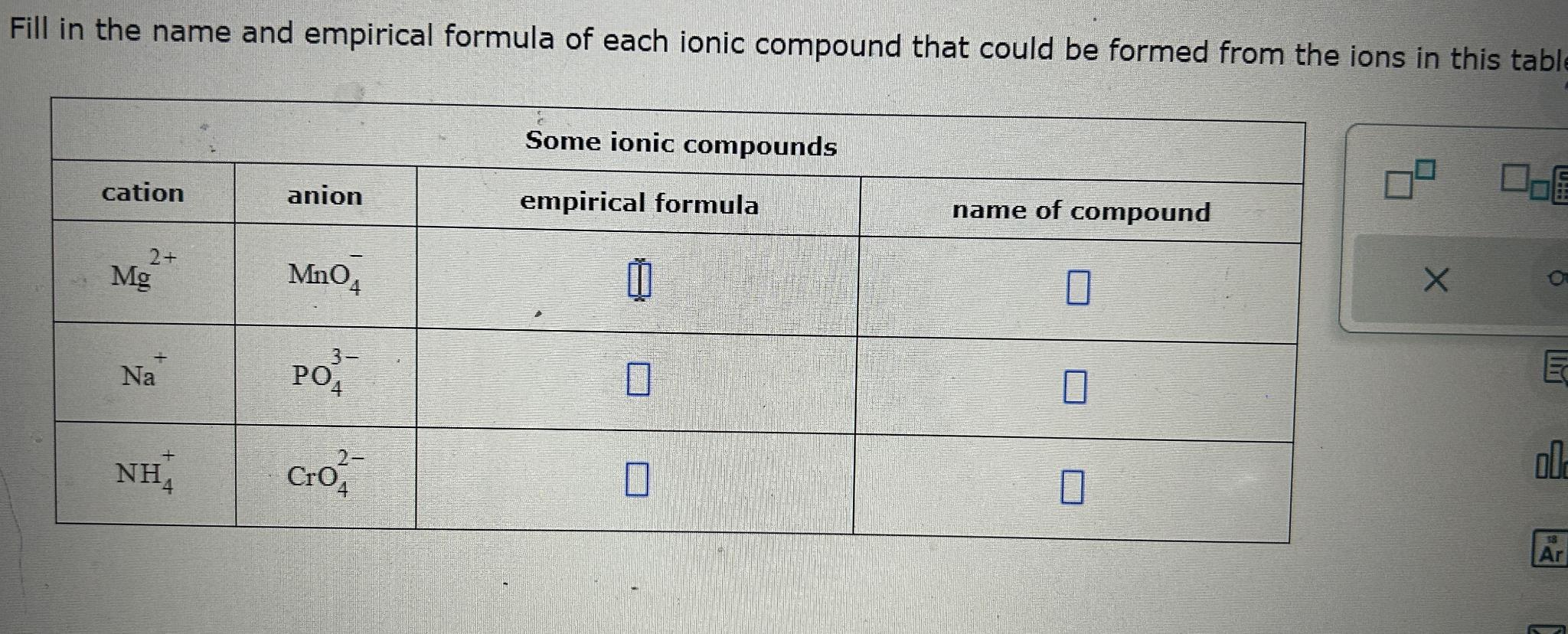 Solved Fill in the name and empirical formula of each ionic | Chegg.com