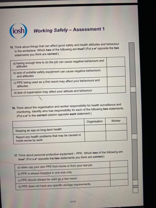 Solved iosh Working Safely - Assessment 1 15. Think about | Chegg.com