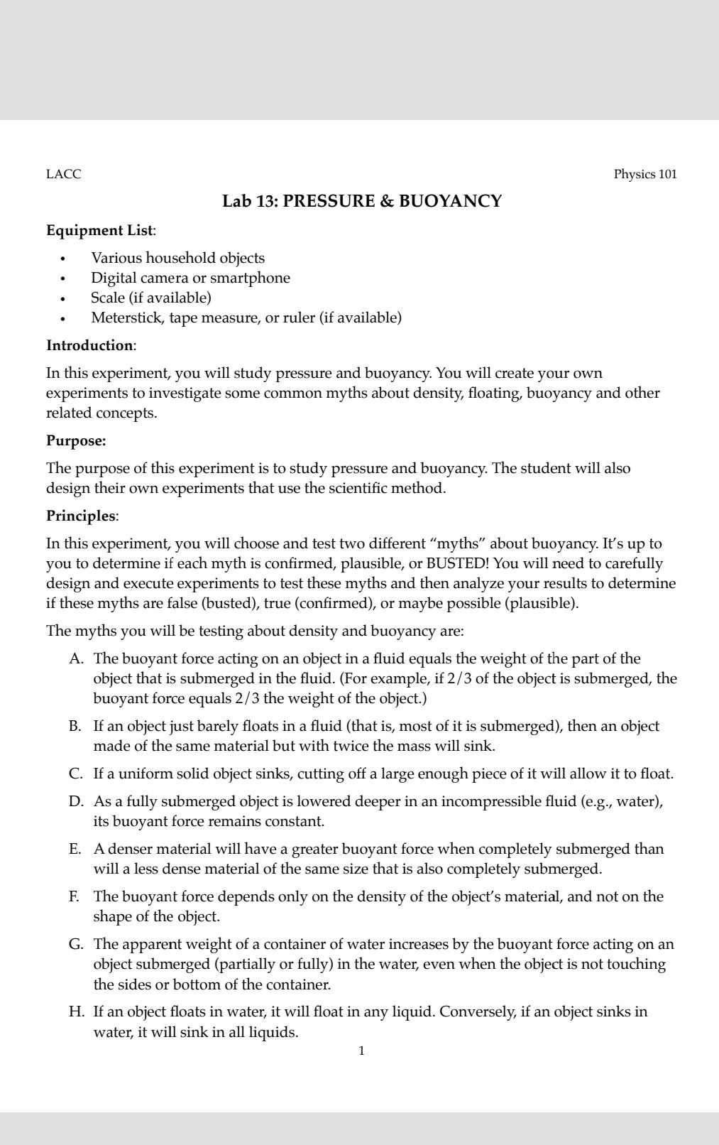 LACC Physics 101 Lab 13: PRESSURE & BUOYANCY | Chegg.com