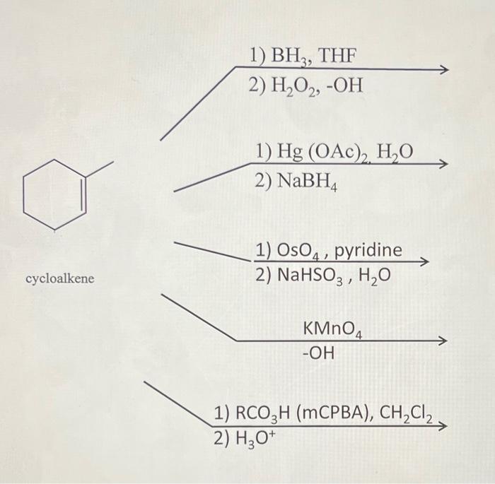 Solved 1) BH3, THF 2) H2O2,−OH 1) Hg(OAc)2H2O cycloalkene1. | Chegg.com