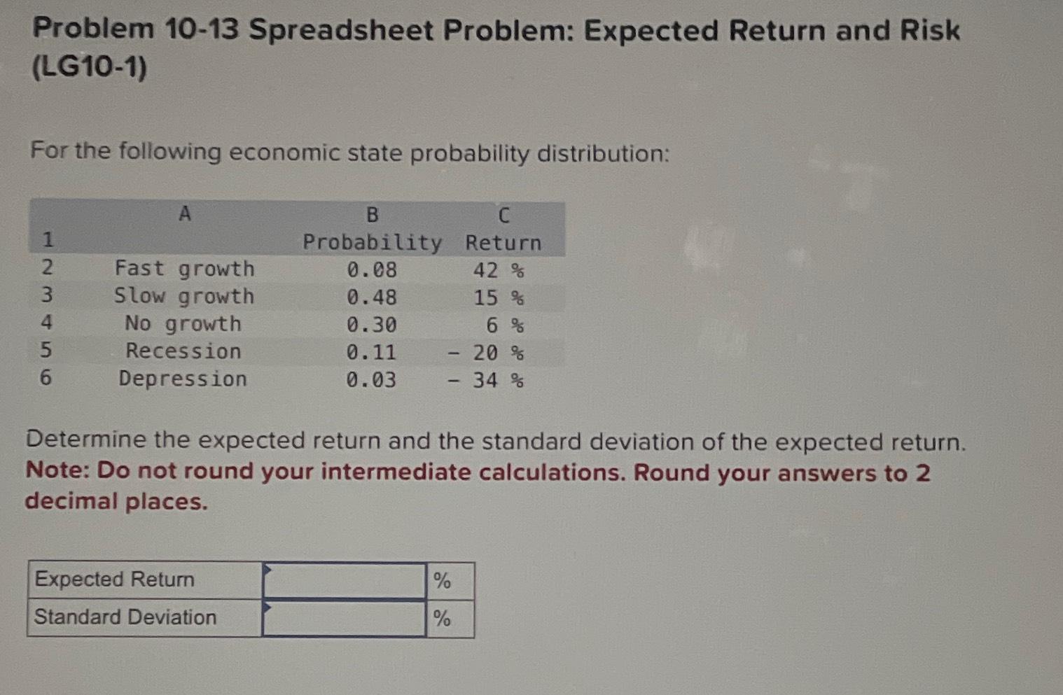 Solved Problem 10-13 ﻿Spreadsheet Problem: Expected Return | Chegg.com