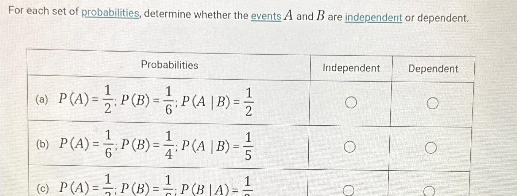 For each set of probabilities, determine whether the | Chegg.com