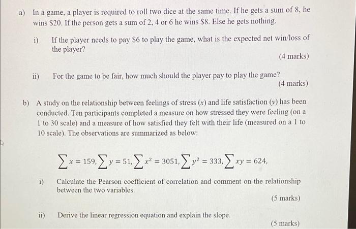 Solved a) In a game, a player is required to roll two dice | Chegg.com