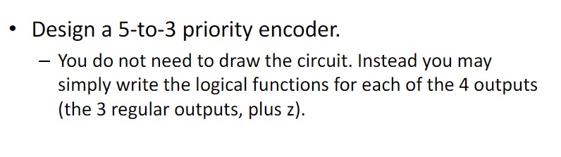 Solved Design a 5-to-3 ﻿priority encoder.You do not need to | Chegg.com