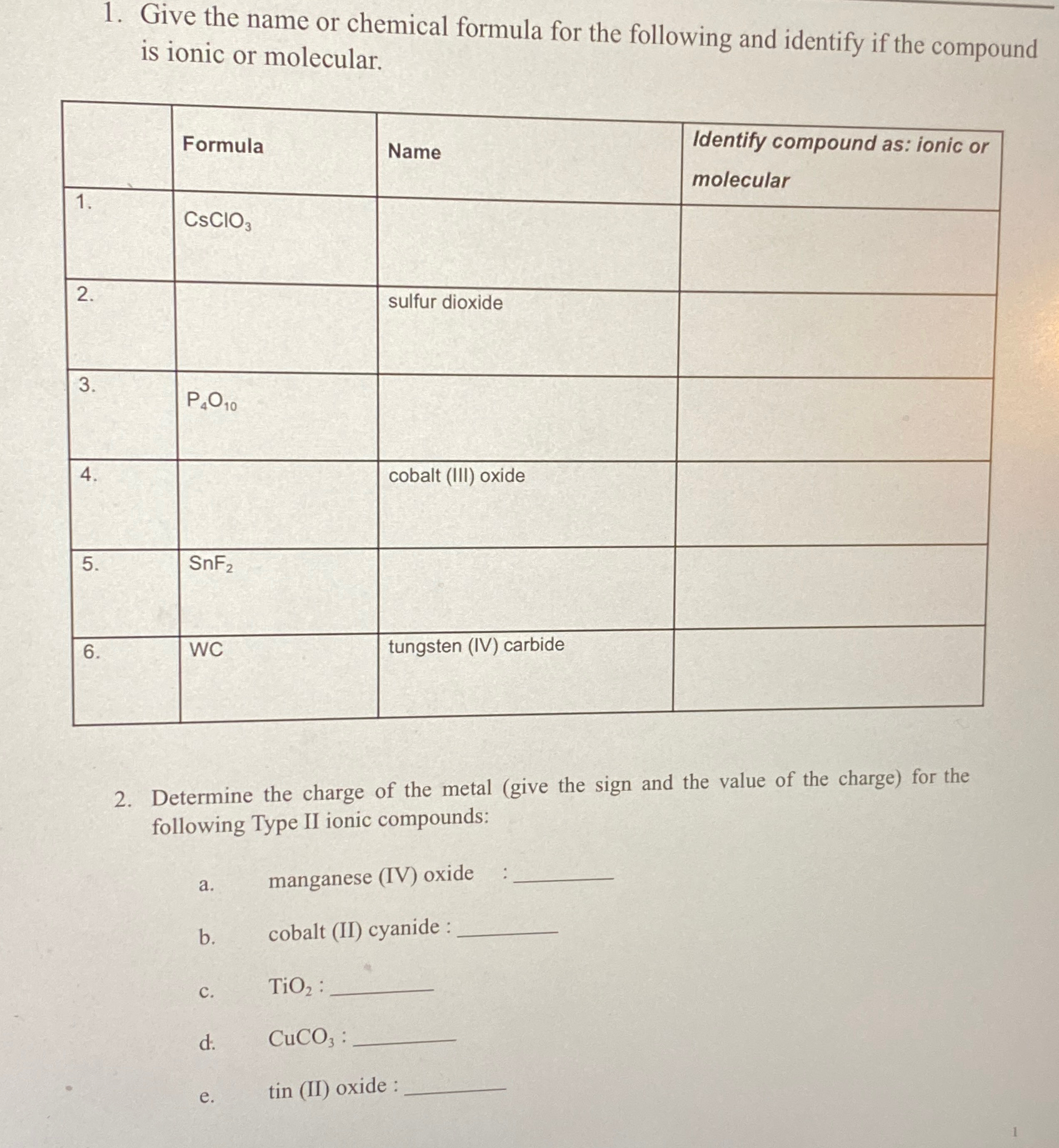 Solved Give the name or chemical formula for the following | Chegg.com