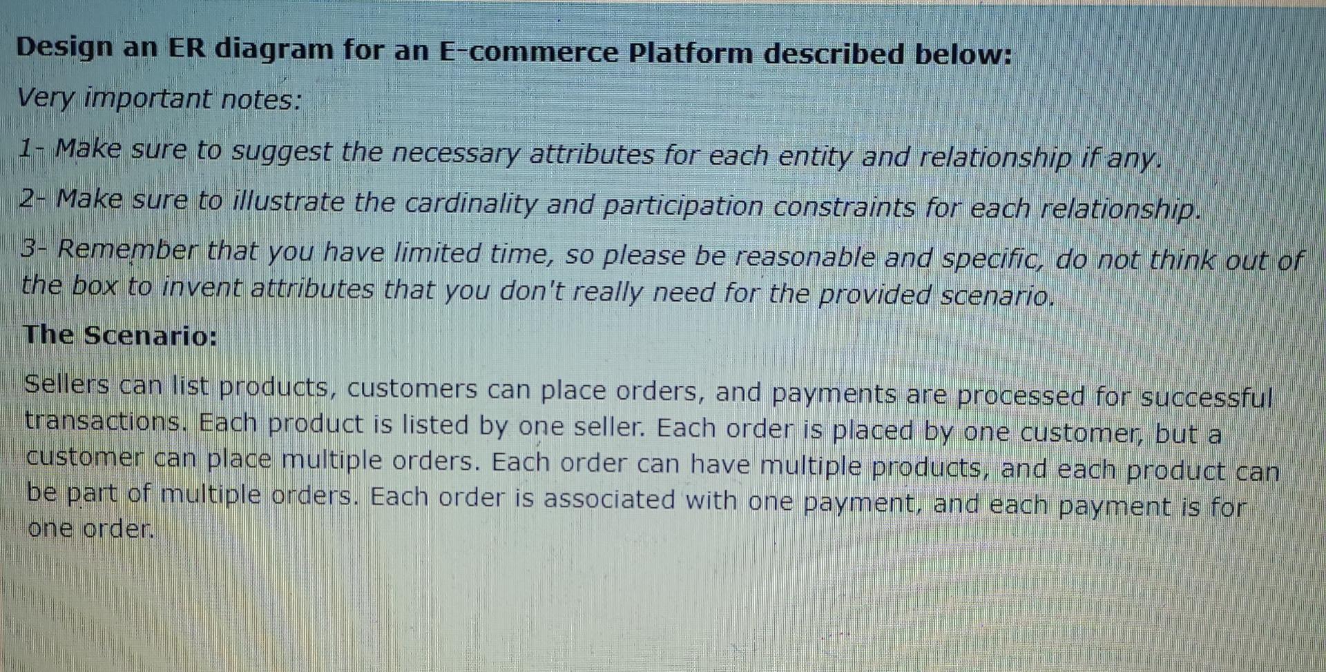 Solved Design an ER diagram for an E-commerce Platform | Chegg.com