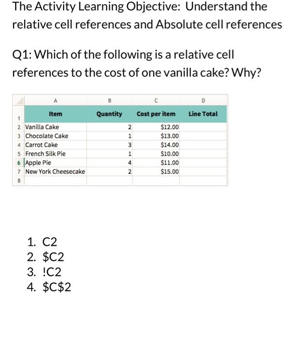 Solved Q1: Which of the following is a relative cell | Chegg.com