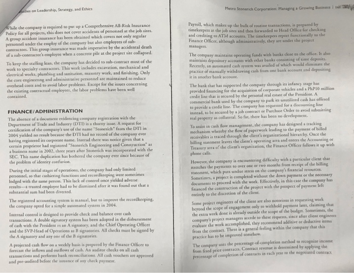 Metro Stonerich Corporation Managing a Growing | Chegg.com