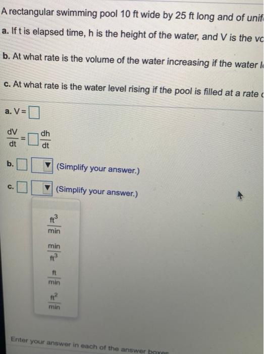 Solved dh A rectangular swimming pool 10 ft wide by 25 ft | Chegg.com
