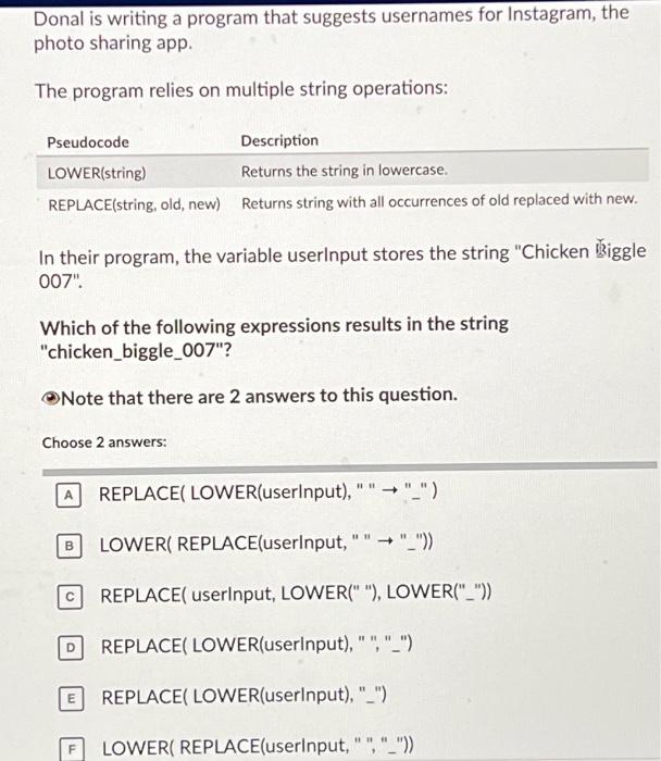 Donal is writing a program that suggests usernames | Chegg.com