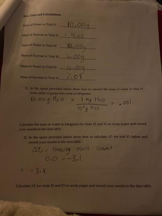 Solved Raw Data and Calculations Mass of Water in Trial Mass | Chegg.com