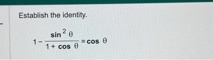 Solved Establish the identity. 1 2 sin 0 1+ cos 0 = cos 0 | Chegg.com