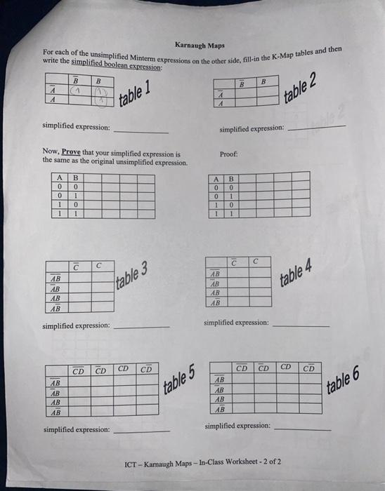 Solved Karnaugh Maps For each of the unsimplified Minterm | Chegg.com