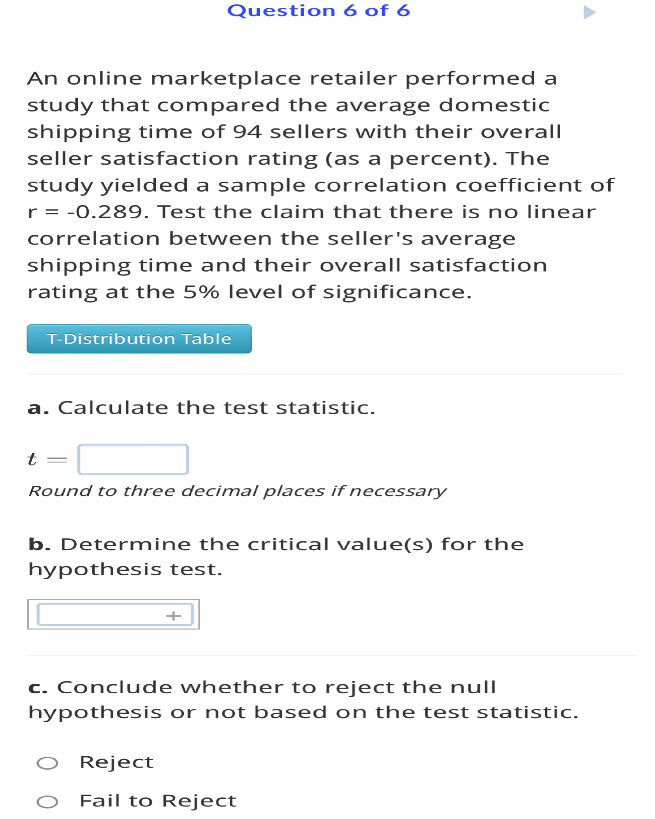 Solved Question 6 ﻿of 6An online marketplace retailer | Chegg.com