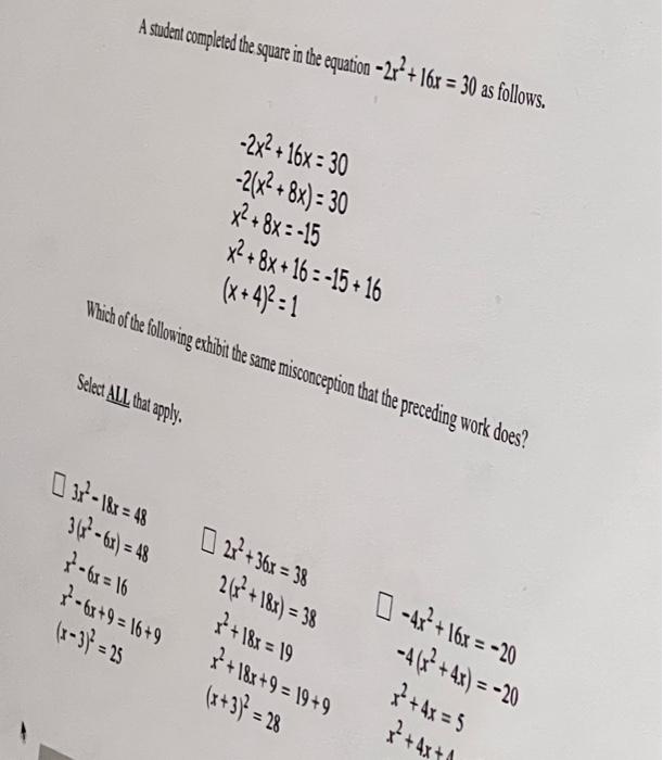 Solved A student completed the square in the equation | Chegg.com