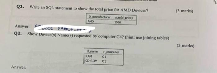 Solved Q1. Write an SQL statement to show the total price | Chegg.com
