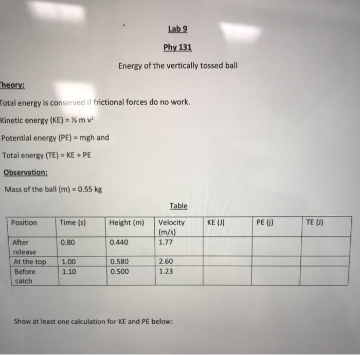 Solved Lab 9 Phy 131 Energy of the vertically tossed ball | Chegg.com