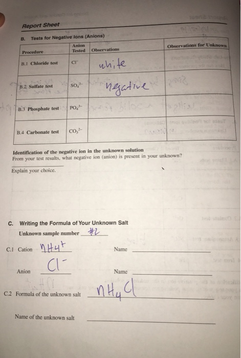 Report Sheet B. Tests for Negative lons (Anions) | Chegg.com