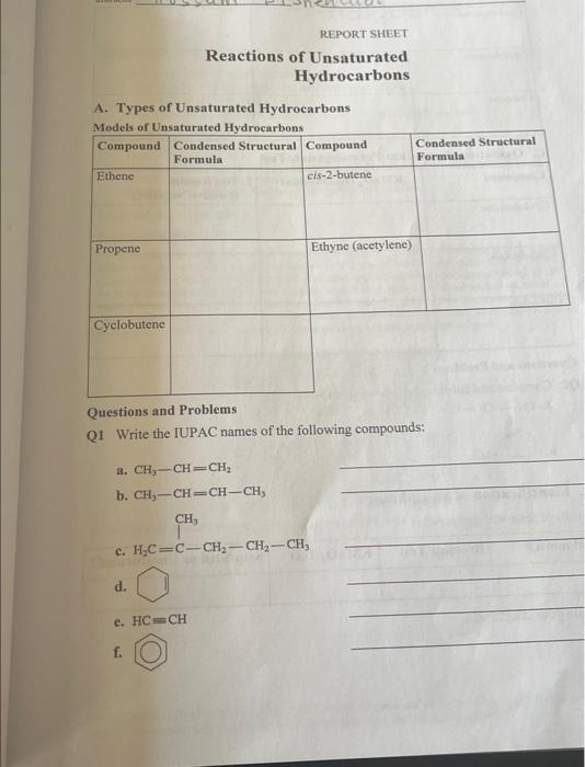Solved REPORT SHEET Reactions of Unsaturated Hydrocarbons A. | Chegg.com