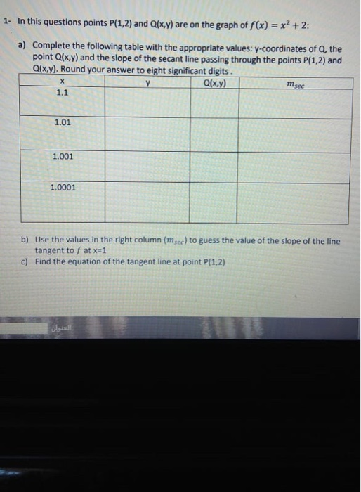 Solved 1. In this questions points P(1,2) and Q(x,y) are on | Chegg.com