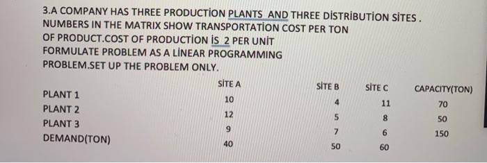 Solved 3.A COMPANY HAS THREE PRODUCTION PLANTS AND THREE | Chegg.com