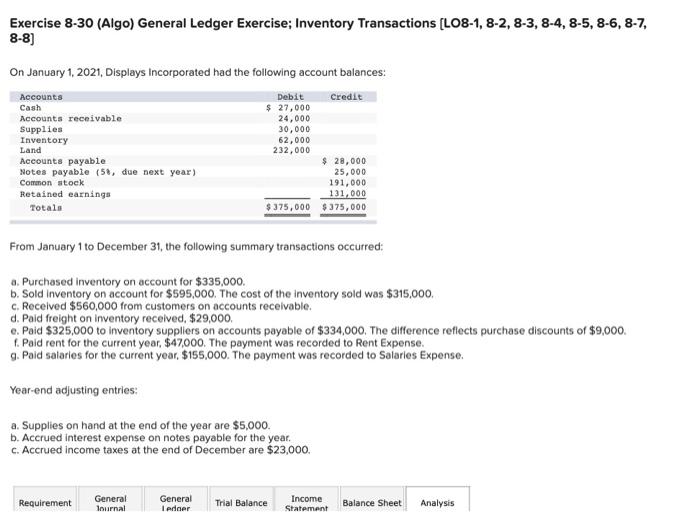 Solved Exercise 8-30 (Algo) General Ledger Exercise; | Chegg.com