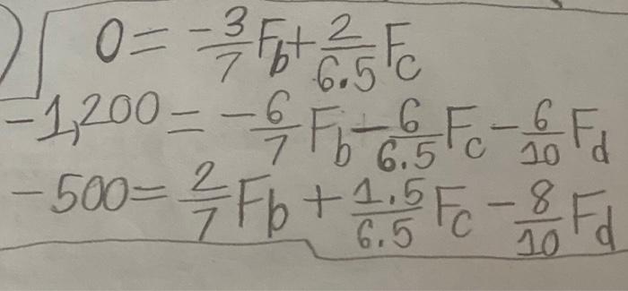 Solved 0−1,200−500=7−3Fb+6.52Fc=−76Fb−6.56Fc−106Fd=72Fb+6.51 | Chegg.com