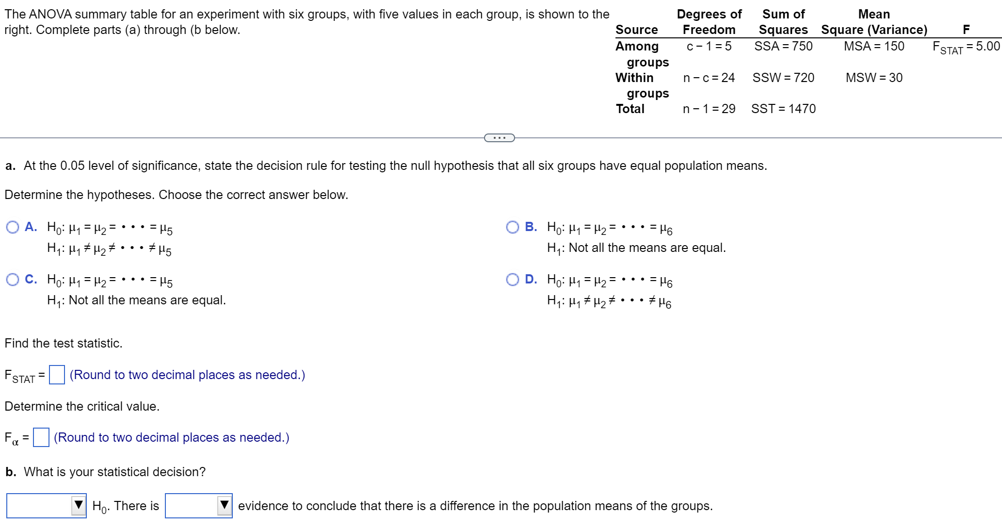 Solved The ANOVA summary table for an experiment with six | Chegg.com