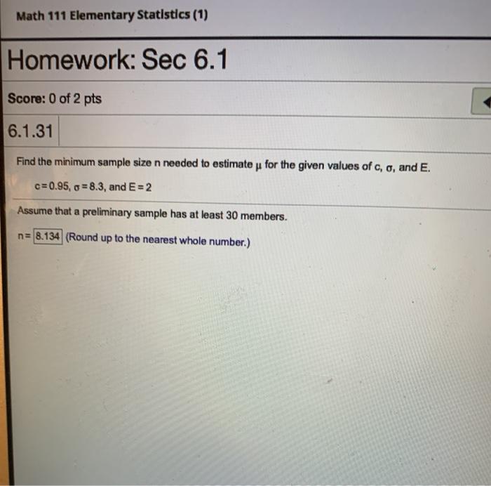 Solved Math 111 Elementary Statistics (1) Homework: Sec 6.1 | Chegg.com