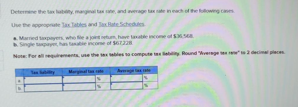 Solved Determine the tax liability, marginal tax rate, and | Chegg.com