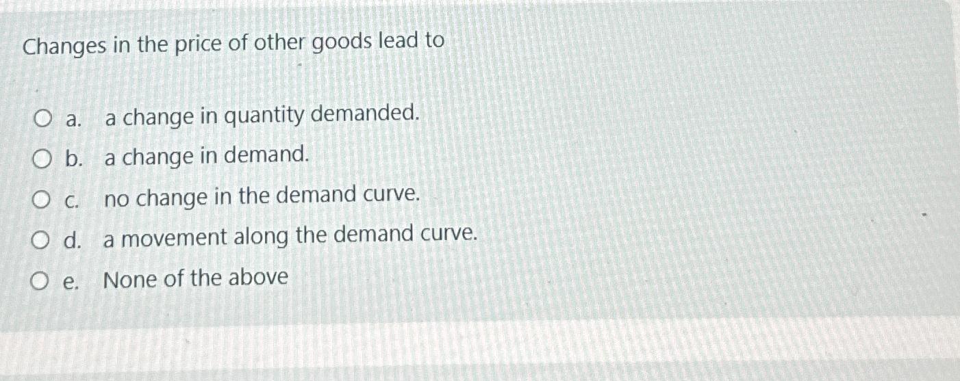 Solved Changes in the price of other goods lead toa. ﻿a | Chegg.com