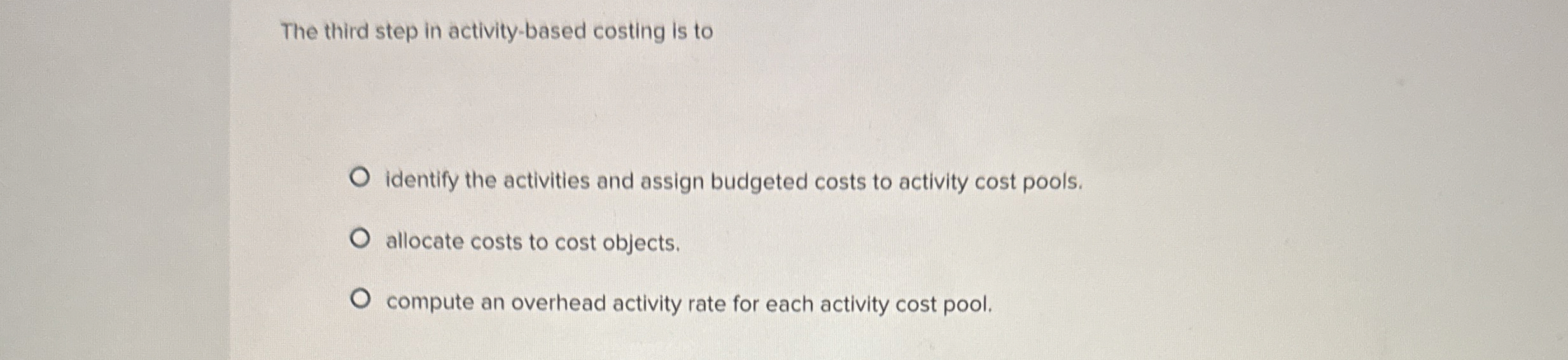 Solved The third step in activity-based costing is | Chegg.com