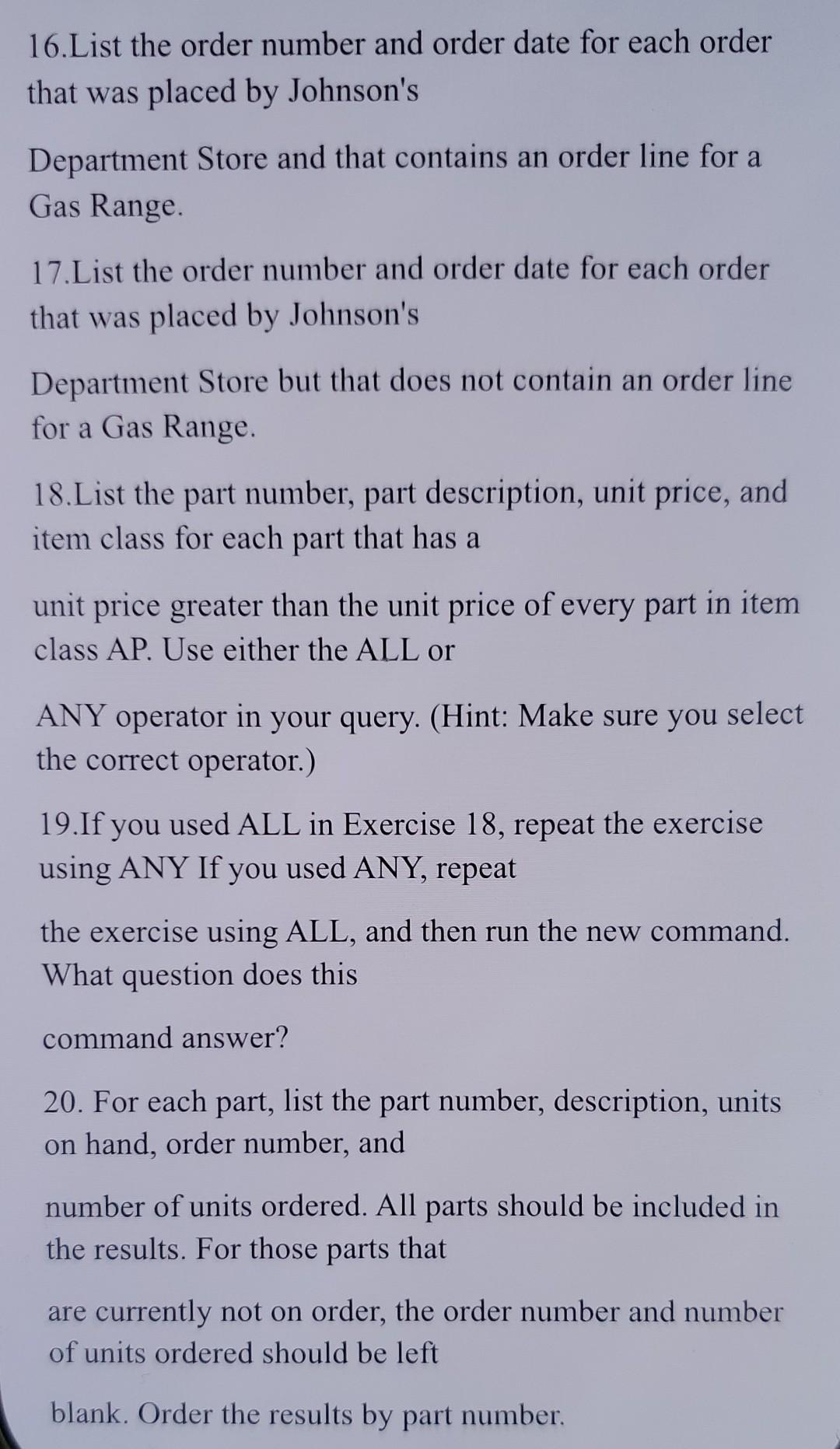 Solved 1.For each order, list the order number and order | Chegg.com
