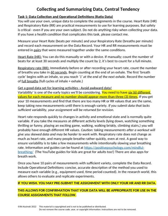 Solved Collecting and Summarizing Data, Central Tendency | Chegg.com