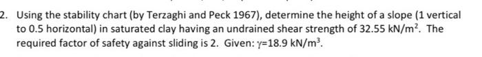 Solved 2. Using the stability chart (by Terzaghi and Peck | Chegg.com