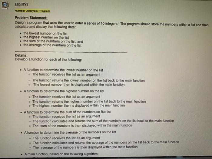 Solved Lab FIVE Number Analysis Program Problem Statement: | Chegg.com