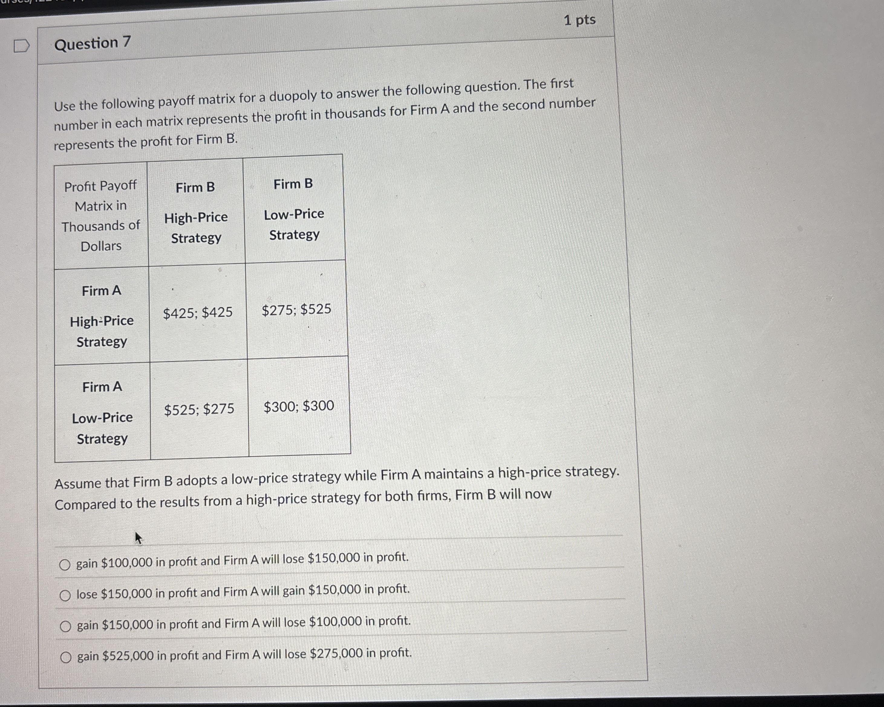 Solved Question 71 ﻿ptsUse the following payoff matrix for a | Chegg.com