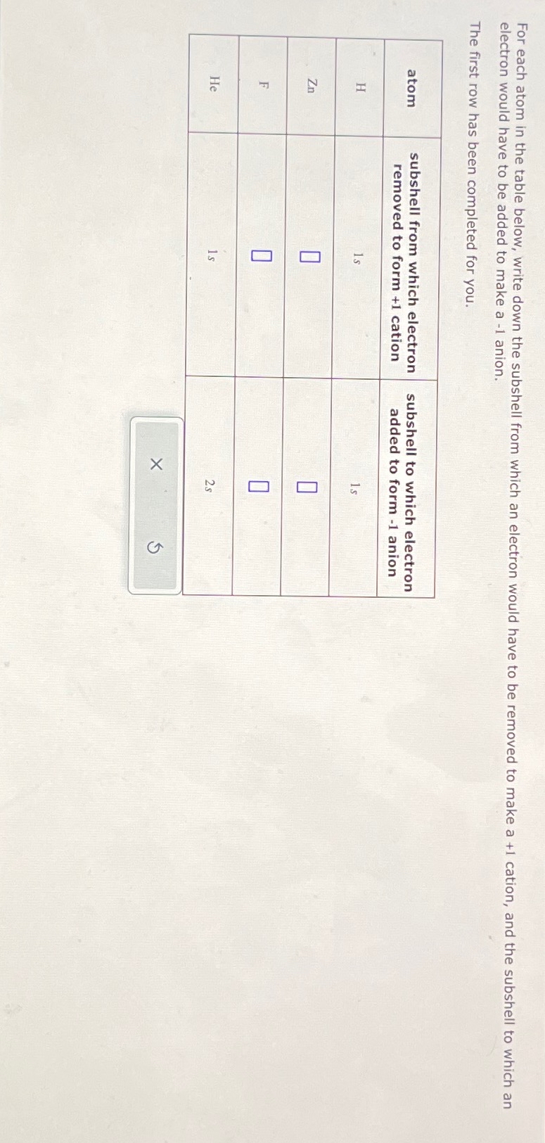 Solved For each atom in the table below, write down the | Chegg.com