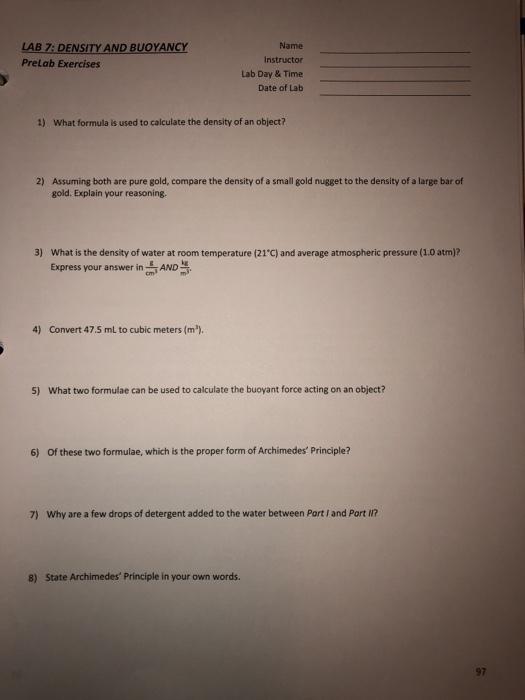 Solved LAB 7: DENSITY AND BUOYANCY Prelab Exercises Name | Chegg.com