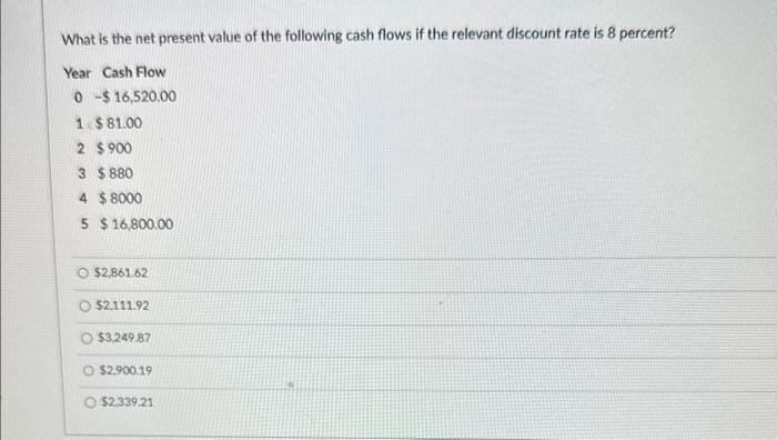 Solved What is the net present value of the following cash | Chegg.com