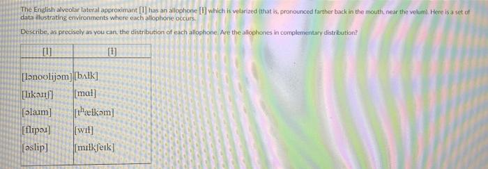 The English alveolar lateral approximant [1] has an | Chegg.com